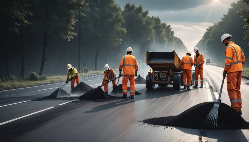 Road Construction Crew Paving Highway Stock Image - Image of equipment ...