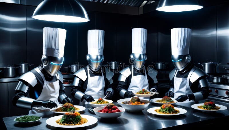 Robotic Chefs Preparing Gourmet Dishes Stock Photo - Image of metallic ...