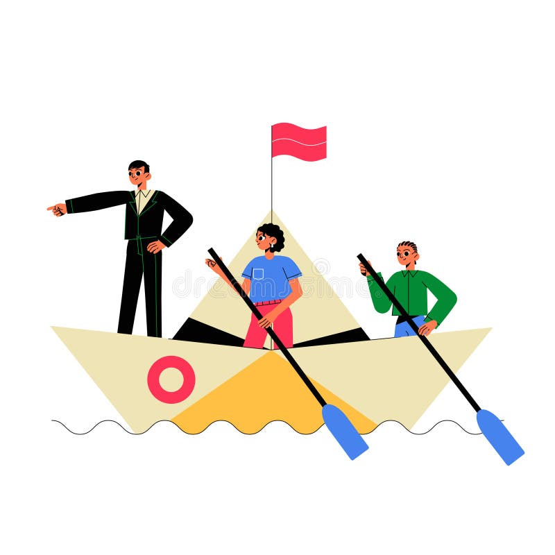 Team Rowing Boat in Flat Vector Illustration Symbolizing Leadership ...