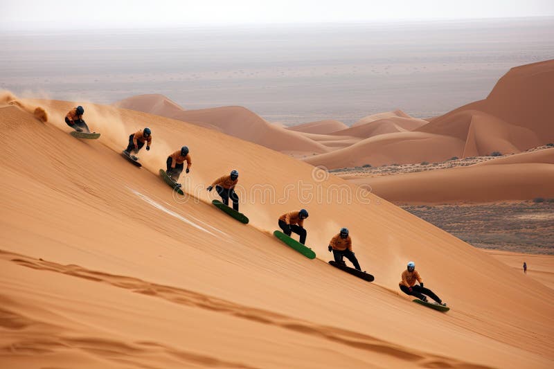 Team of Sandboarders Racing Down Dune, with the Finish Line in Sight ...