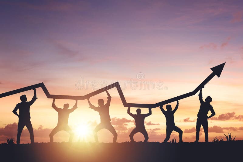 Team Silhouette Up Graph Arrow Sunset Background Leadership Teamwork ...