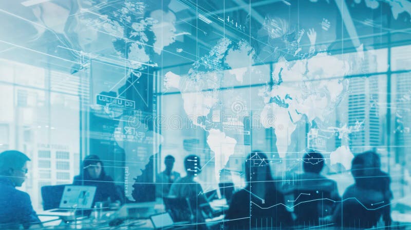 Team Silhouettes in Virtual Meeting with World Map Stock Illustration ...