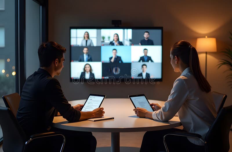 A Team Sits Around an Oval Table, Attentively Focused on a Large Screen ...
