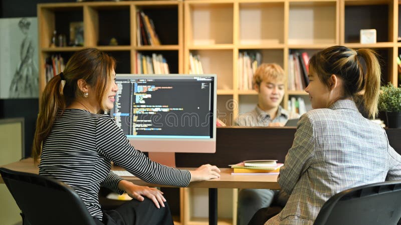 Team of Software Development Brainstorming, Working with Coded Data in Corporate Office ...