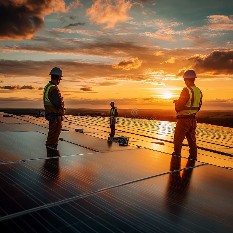 Team of Solar Panel Technicians Performing Installation on Rooftop Stock Illustration ...