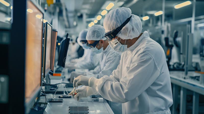 A Team of Specialists in White Uniforms Work at a Chip Factory Stock ...