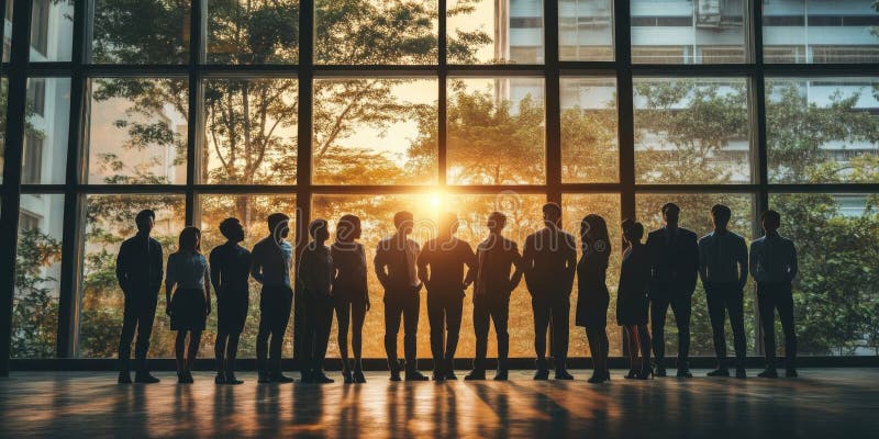 Team Standing by Window with Sunlight Behind with Teamwork Stock ...