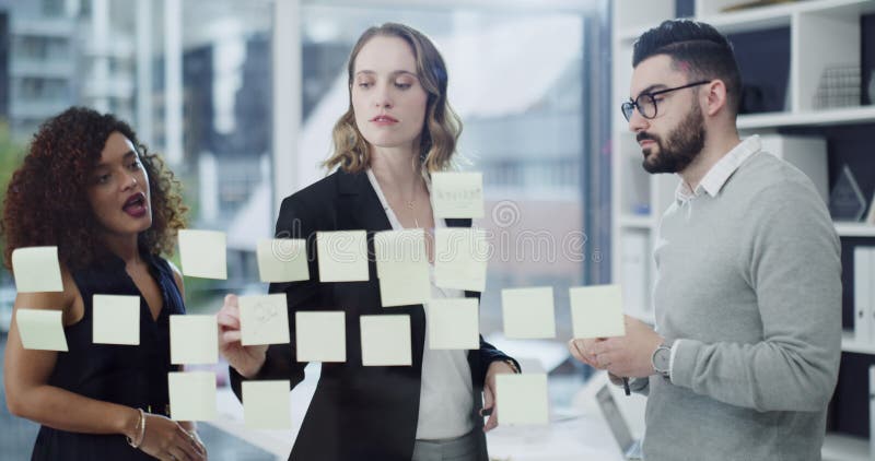 Sticky Notes, Strategy and Black Woman Planning on Glass Board in ...