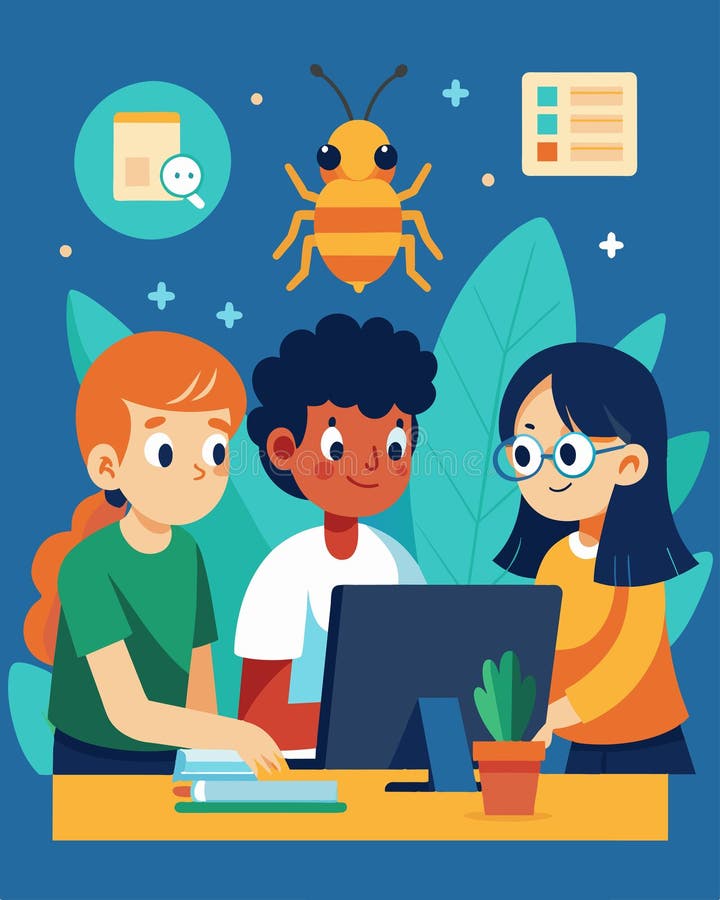 A Team of Students Collaborating on Code for Their Educational Gaming App Working through Bugs ...