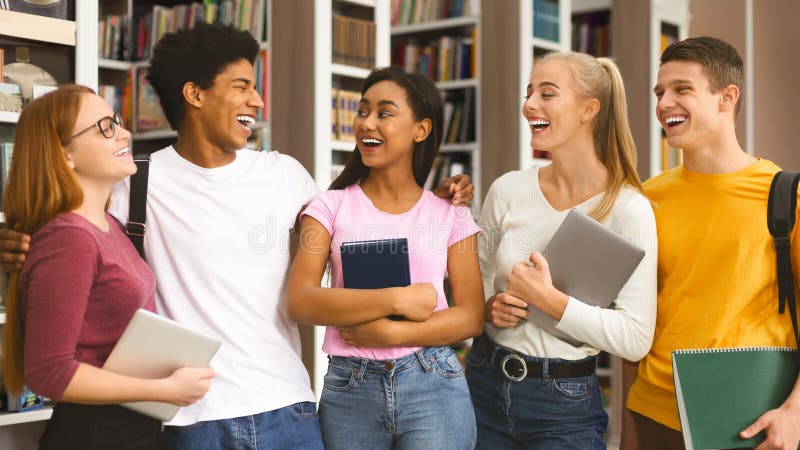 Team of Students Having Fun in Campus Library Stock Photo - Image of ...