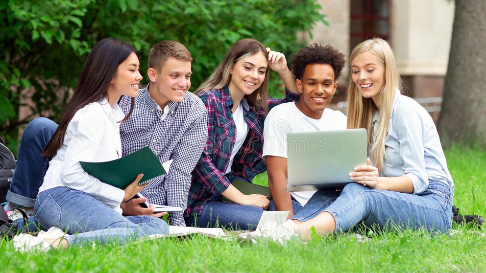 Team of Students Studying in Group Project Outdoors Stock Photo - Image ...