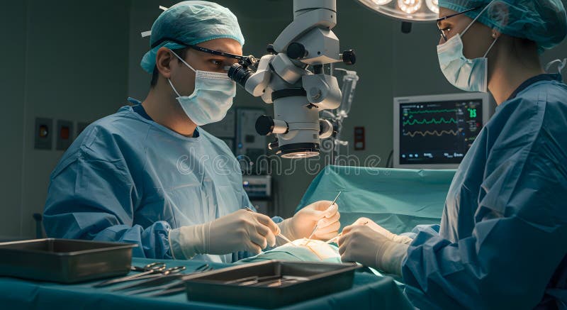 Surgeons Performing a Precision Operation Using a Surgical Microscope ...