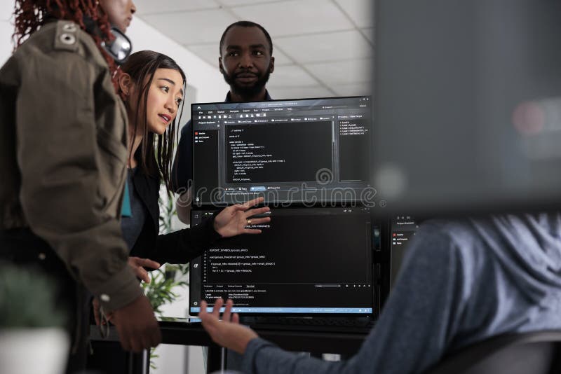 Team Of System Engineer Writing Data And Discussing About Coding Language Stock Image Image Of