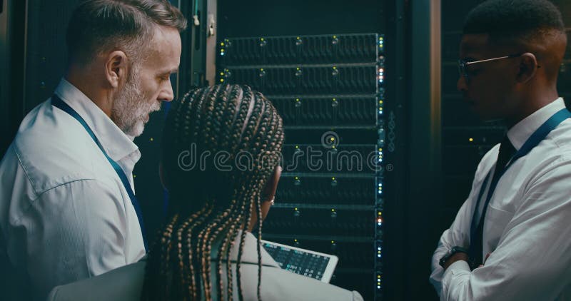 Team Tablet And Server Room For Coding Solution Programming And Cloud Computing On Digital