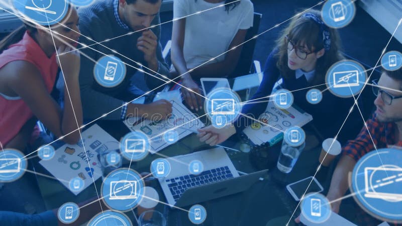 Team Tapping Laptop Generating Node Animations on Charts To Visualize ...