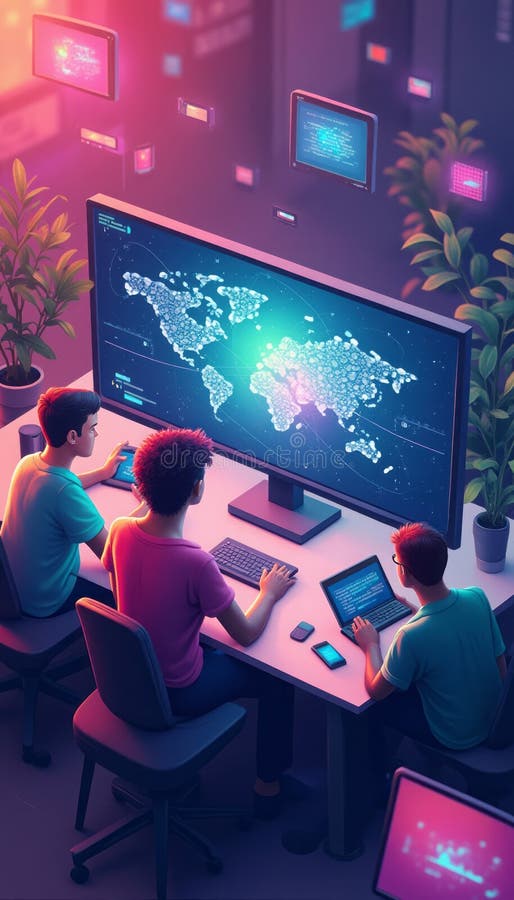 Team of Tech Experts Analyzing Global Data on a Large Screen Stock ...