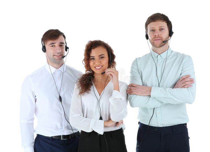 Team of Technical Support with Headsets on White Stock Photo - Image of ...