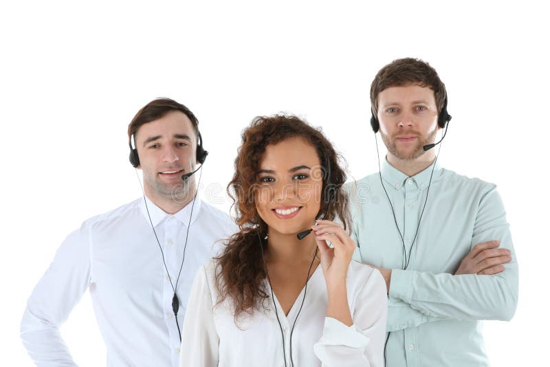 Team of Technical Support with Headsets on White Stock Photo - Image of ...