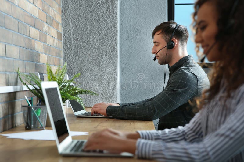 Team of Technical Support with Headsets on White Stock Photo - Image of ...