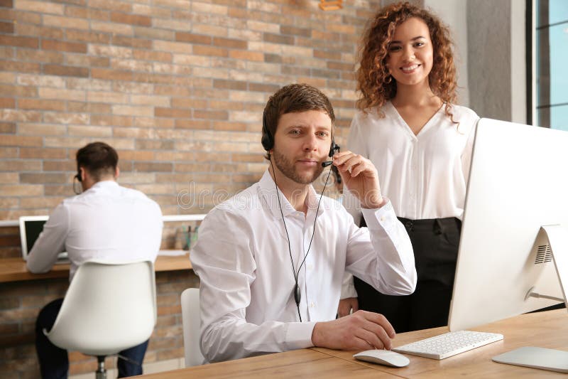 Team of Technical Support with Headsets on White Stock Photo - Image of ...