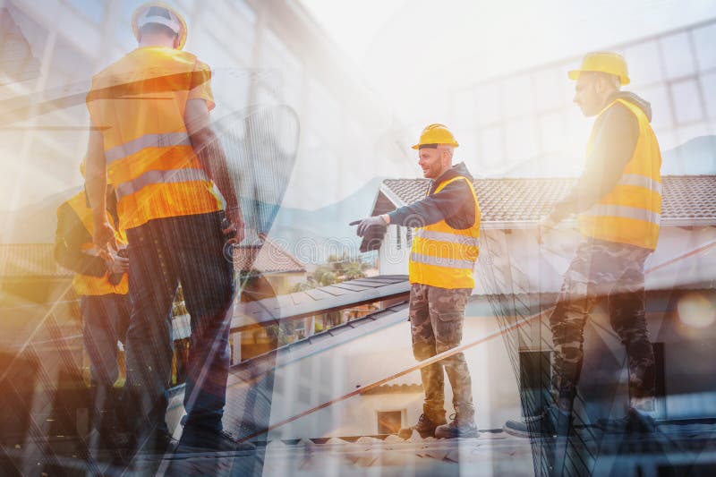 Team of Technical Workers Work on the Roof of a House Stock Image ...