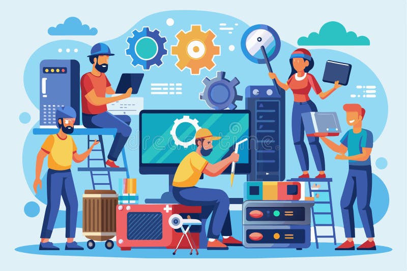 A Team of Technicians Collaborates on Repairing Various Devices in a ...