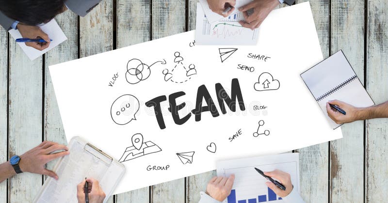 Team Text by Icons and Business People on Table Stock Illustration ...