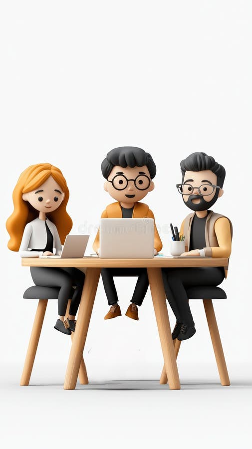 A Team of Three Animated Characters Collaborating at a Desk with ...