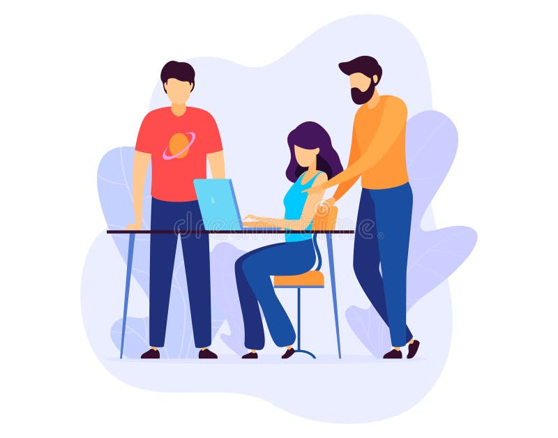 Team of Three Office Workers Collaborating on Project with Laptop ...