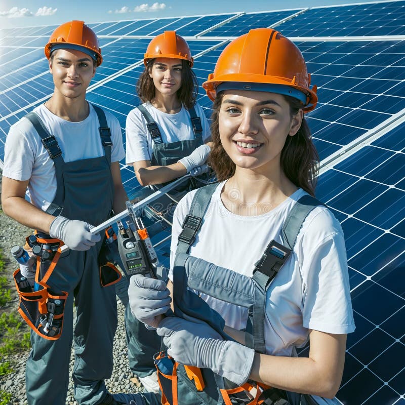 Team of Technicians: Three Solar Panel Technicians in Front of an Array ...