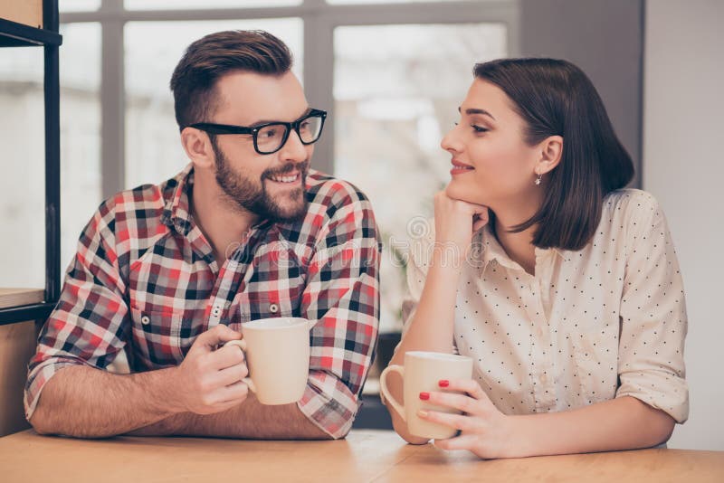 Team of Two Smiling Young Managers Drinking Coffee Stock Photo - Image ...