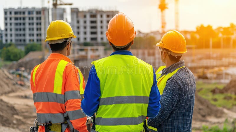 Team in Vibrant Safety Gear Observing Active Construction Site Stock ...