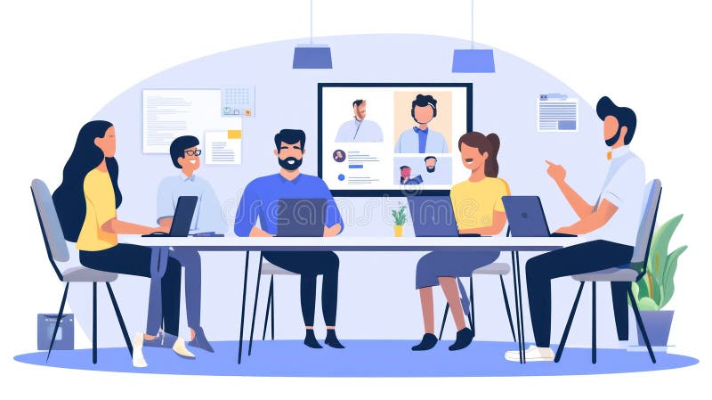 Team Video Conference Meeting in Modern Office Stock Illustration ...