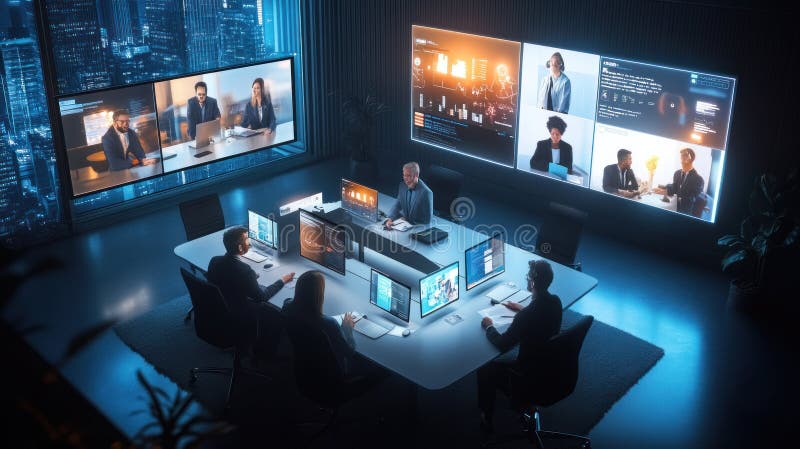 Team Video Conferencing in a Modern, Futuristic Control Room at Night ...