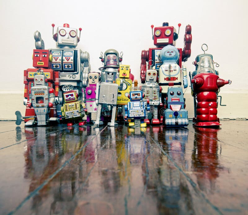A Team of Vintage Robots with the Word TEAM WORK Stock Photo - Image of ...