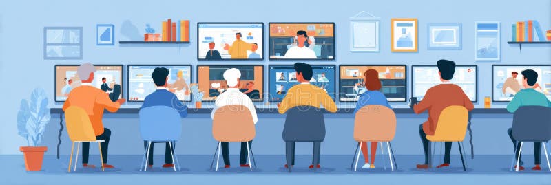 Team Virtual Meeting in a Modern Workspace Featuring Multiple Screens ...