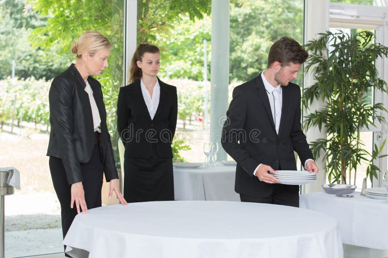 Team Waiters Setting Table in Gastronomy Restaurant Stock Photo - Image ...