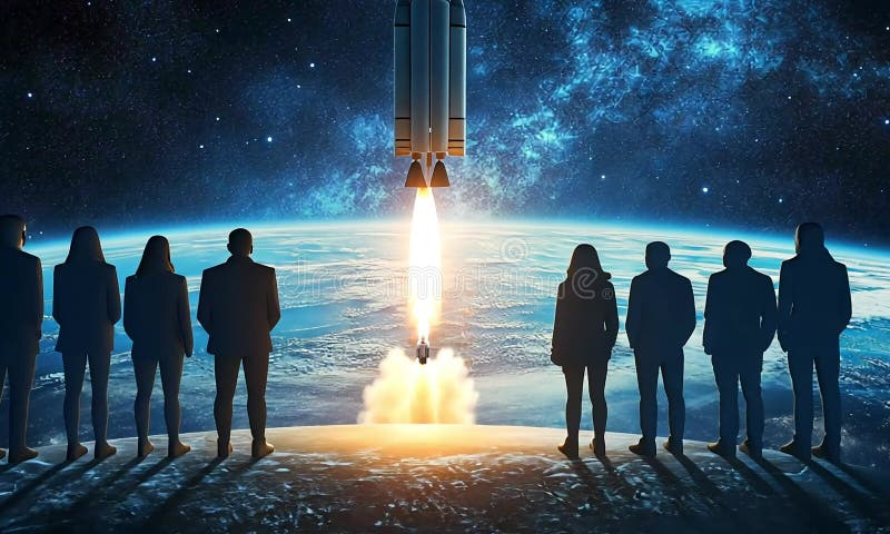 Team Watching Rocket Launch, Earth Backdrop, Future Concept Stock Video ...