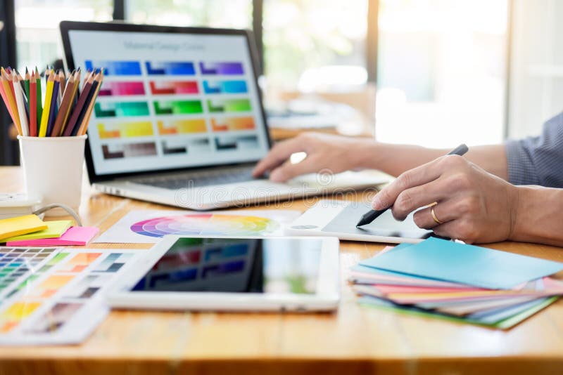 Team Web Designer Working Drawing Something on Graphic Computer in the ...