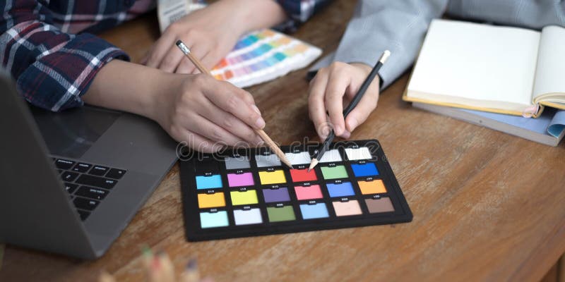 Team Web Designer Working Drawing Something on Graphic Computer in the ...