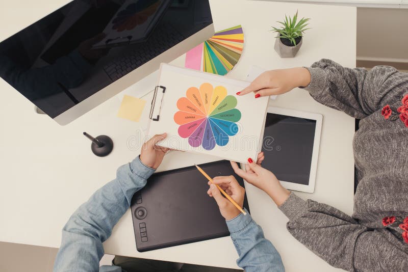 Team Web Designer Working Drawing Something on Graphic Computer in the ...