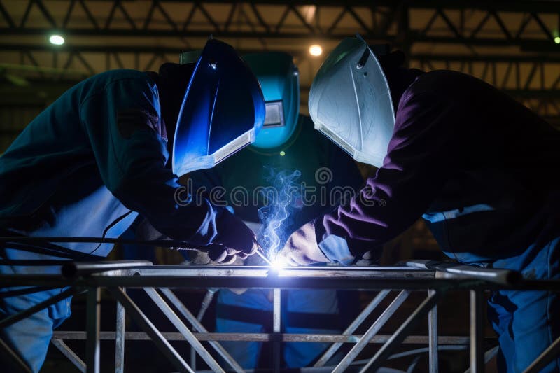 Team of Welders Collaboratively Joining a Metal Framework Stock Image ...