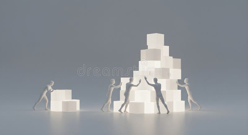 Team Building Glowing White Blocks with Gray Figures, Conceptual Stock ...