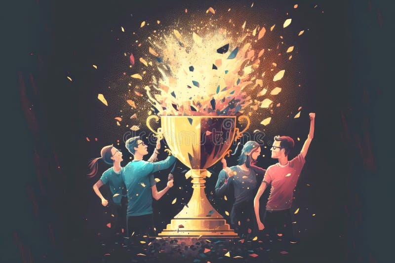 Team of Winners Awarding Golden Cup with Confetti Stock Illustration ...
