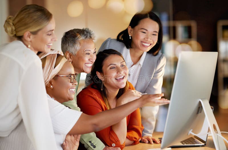 Team, Women and Creative Collaboration on Computer at Night in Office ...