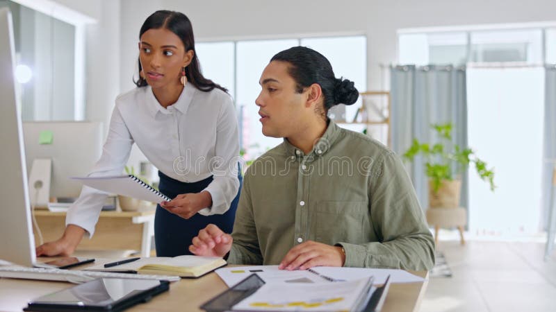 Team Work, Computer or Business People with Documents or Paperwork ...