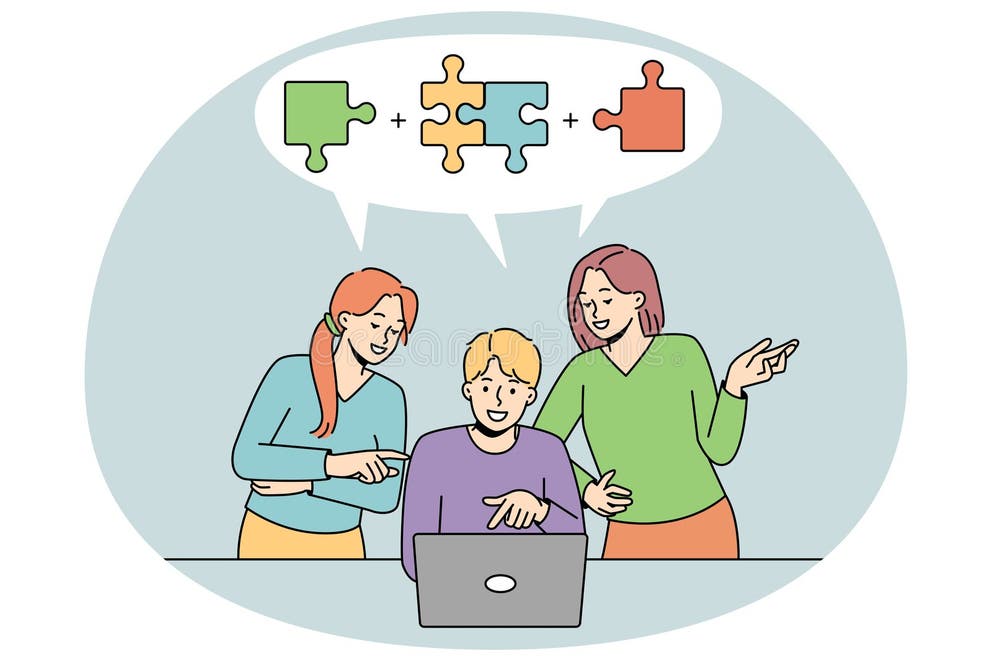 Team Work on Computer Finding Solution Stock Vector - Illustration of ...