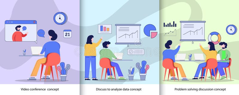 Team Work Discuss Graphic Set. Online Video Conference Concept, Discuss ...