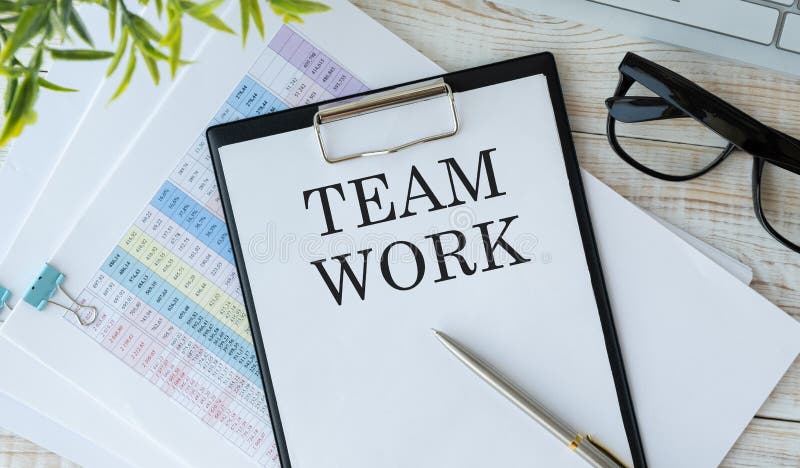 Team at Work Drinking Coffee with Team Text on White Panel Stock Photo ...