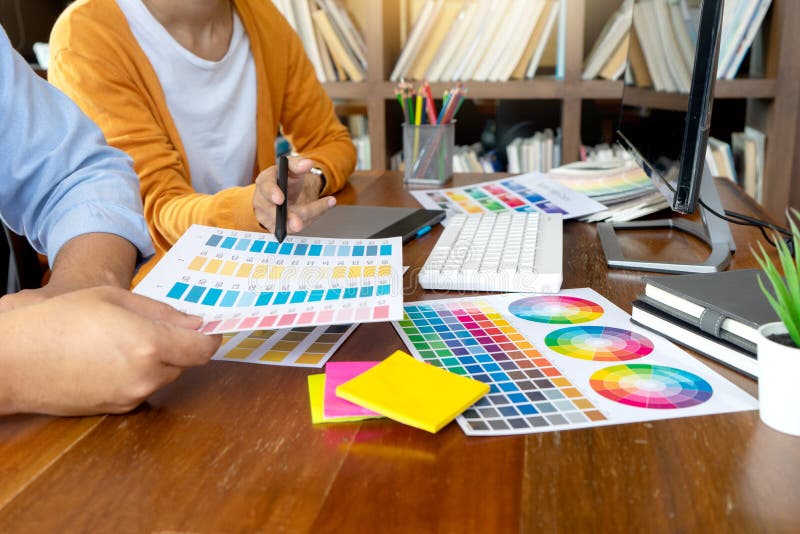 Team Work for Graphic Design Working on Wood Table Stock Image - Image ...